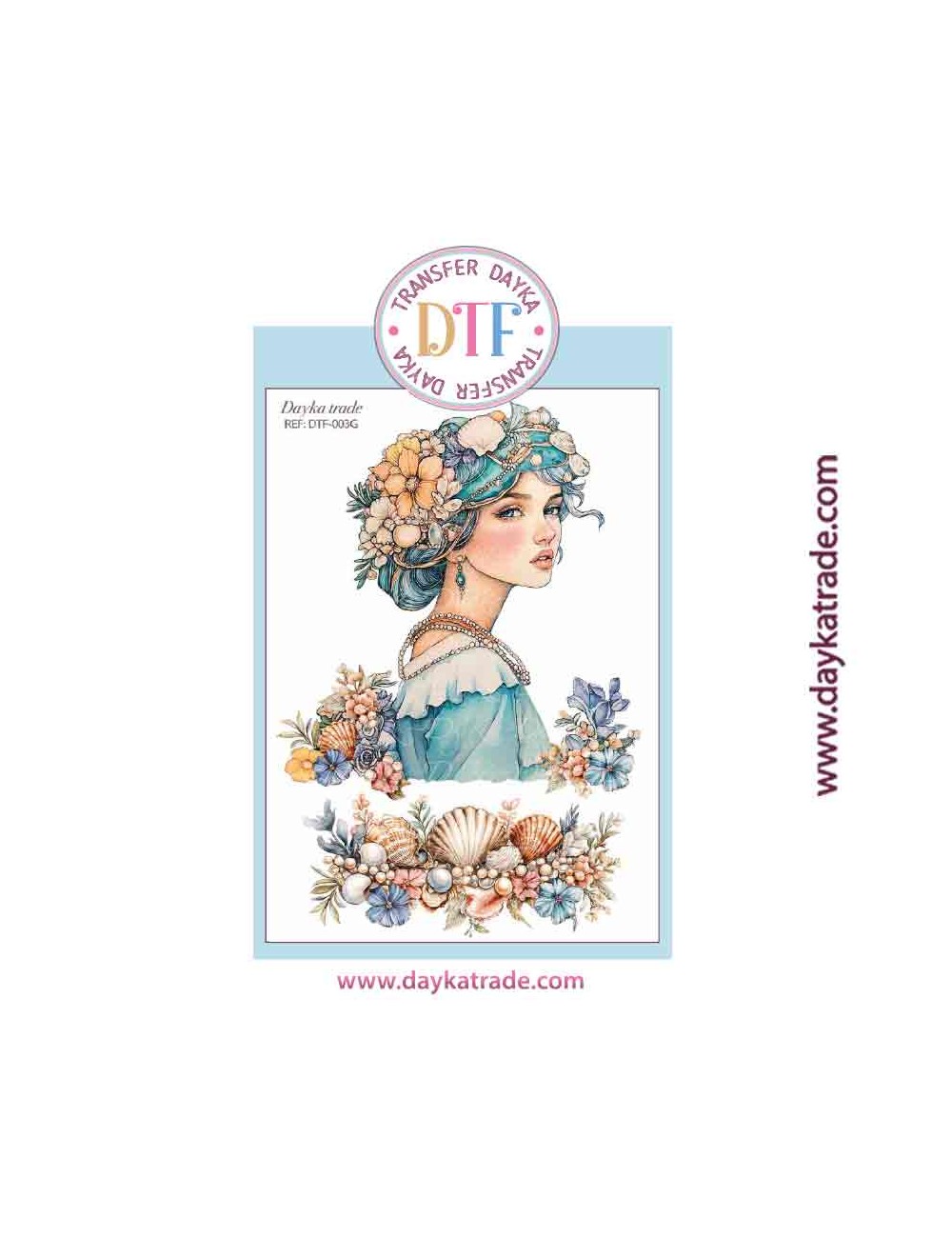 Transferencia textil con dibujo de chica con flores y conchas