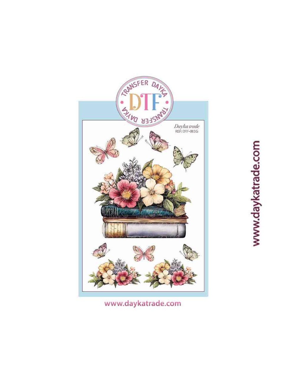 Transferencia textil con dibujo de libros y mariposas